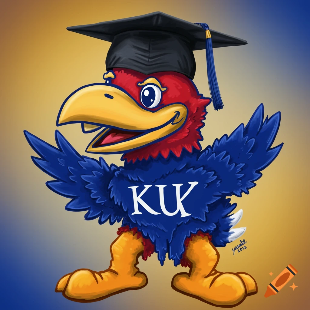 Drawing of a Jayhawk mascot wearing a graduation cap with KU on its ...