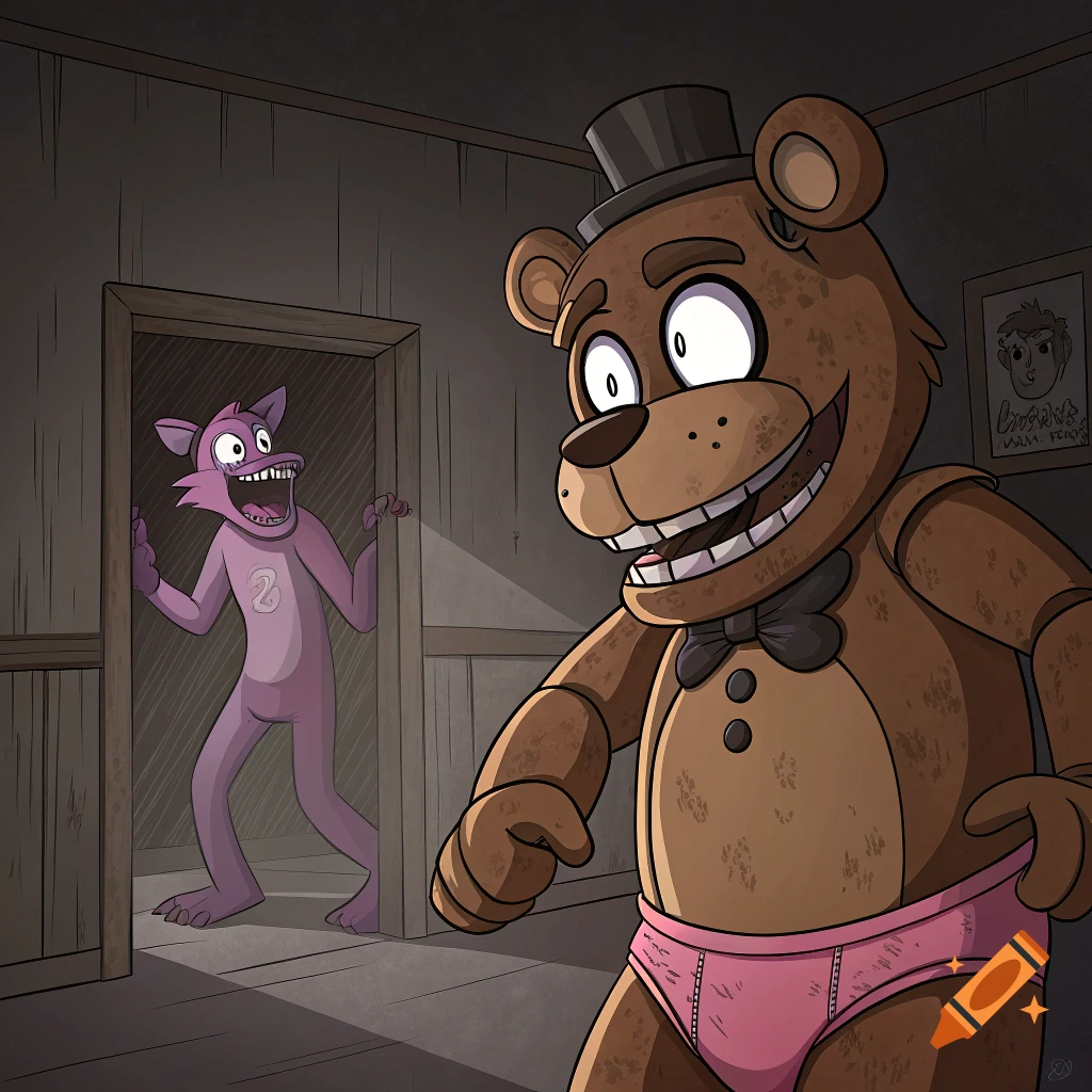 Freddy Fazbear scared of William Afton in underwear on Craiyon