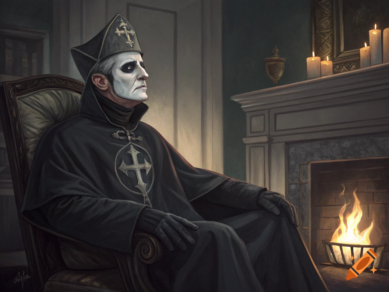 Painting of Papa IV from Ghost in black robes sitting by a fireplace on ...