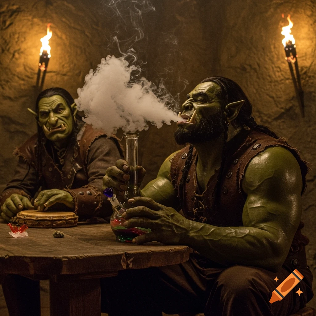 Photorealistic image of two orcs at a table, one smoking a bong while ...