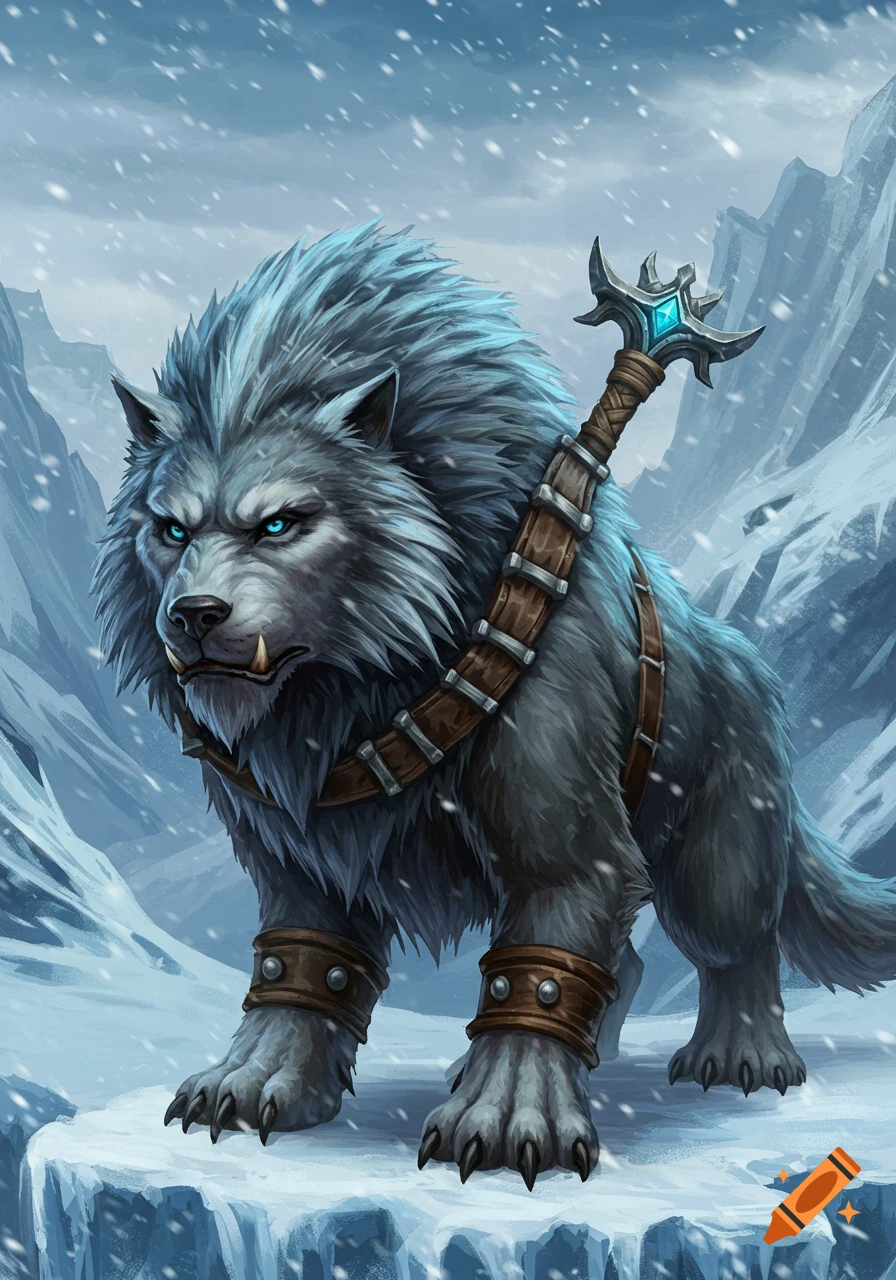 Muscular anthropomorphic wolf with glowing eyes holds a bloody axe in a ...