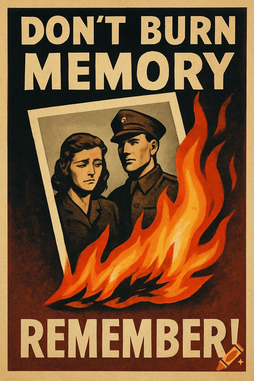 Propaganda poster with text 'DON'T BURN MEMORY REMEMBER!' showing a man ...