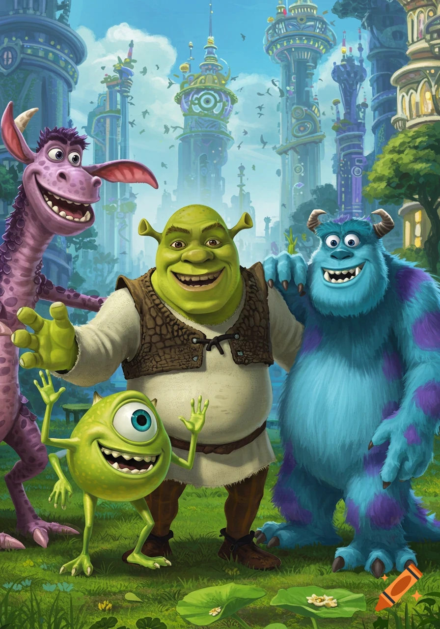 Sulley and Mike Wazowski sit at a dinner table with a large lobster on ...