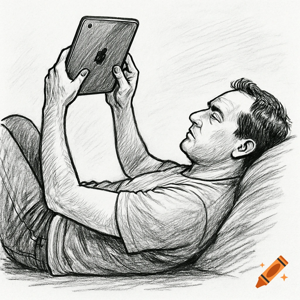 Black and white drawing of a man using an iPad while laying down on Craiyon