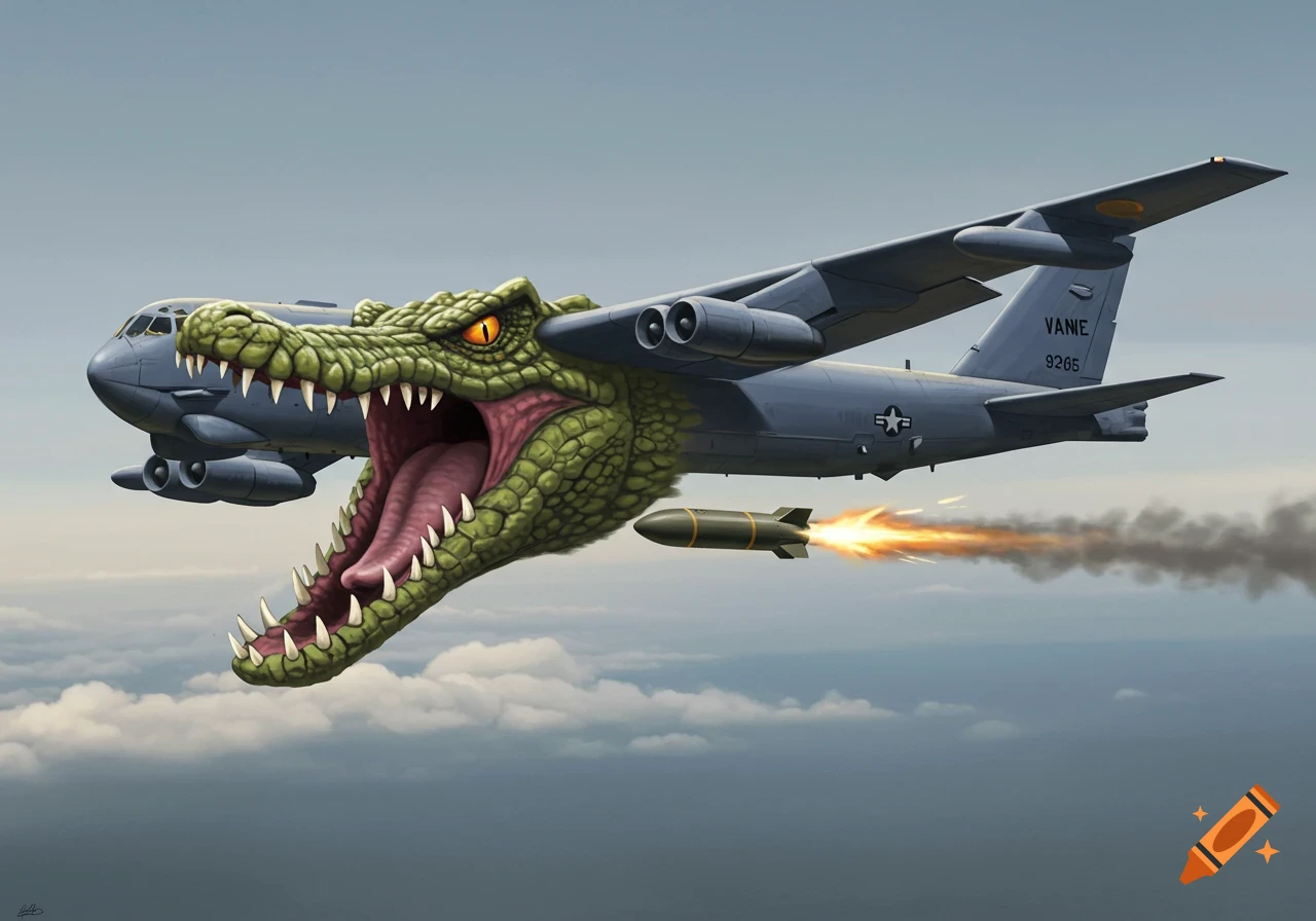 An airplane with a crocodile head is flying through stormy clouds. on ...