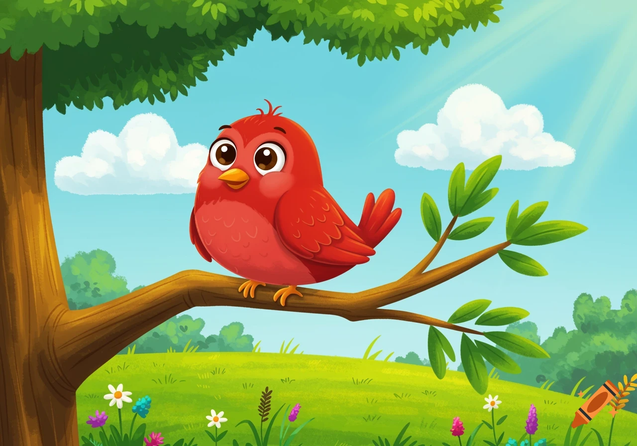 A yellow cartoon bird perches on a tree branch against a blue sky with ...