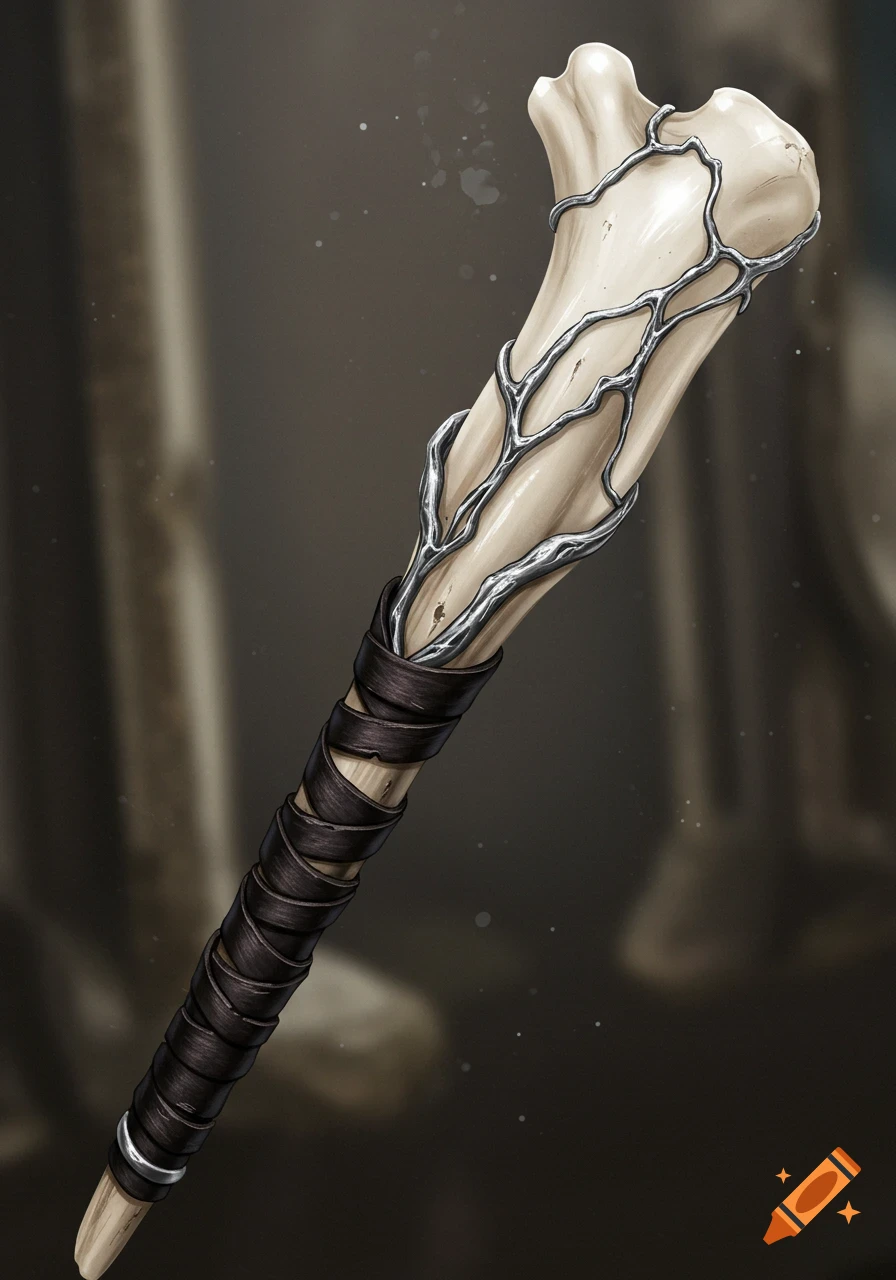 Bone magic wand with silver veins and leather grip on Craiyon