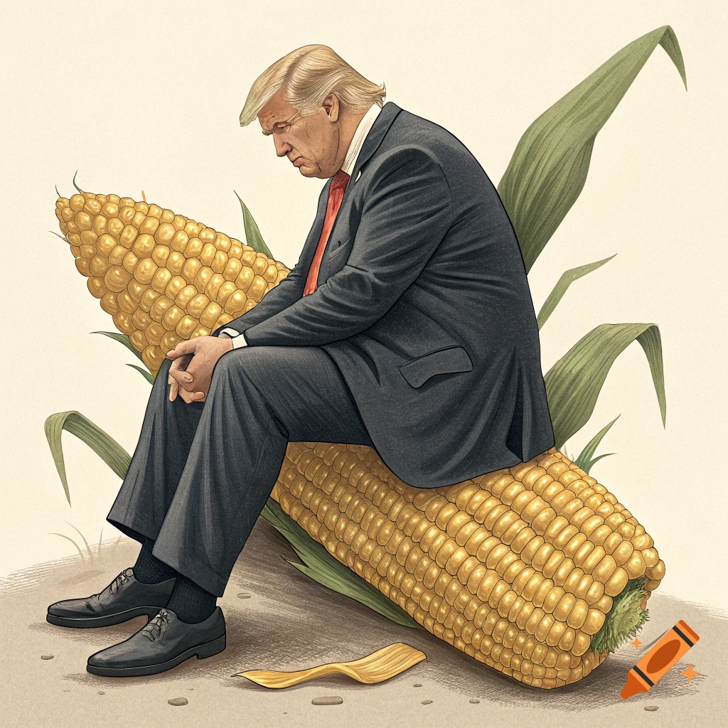 Illustration of Donald Trump sitting on a giant corn cob. on Craiyon
