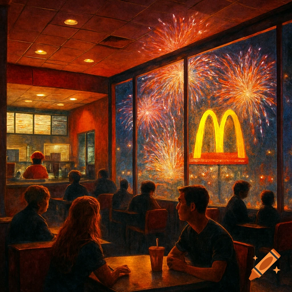 People inside a McDonald's restaurant watching fireworks and the ...