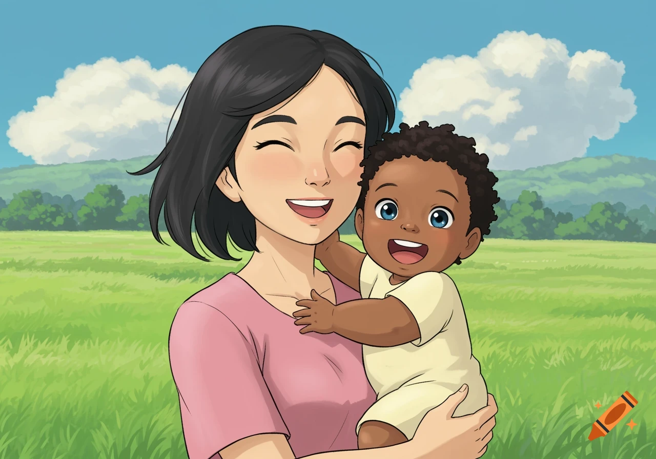 Ghibli style cartoon of an Asian mother and her mixed-race toddler ...