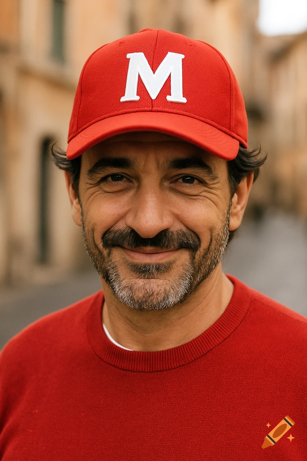 Medium shot of a man wearing a red hat with a white M and a red sweater ...