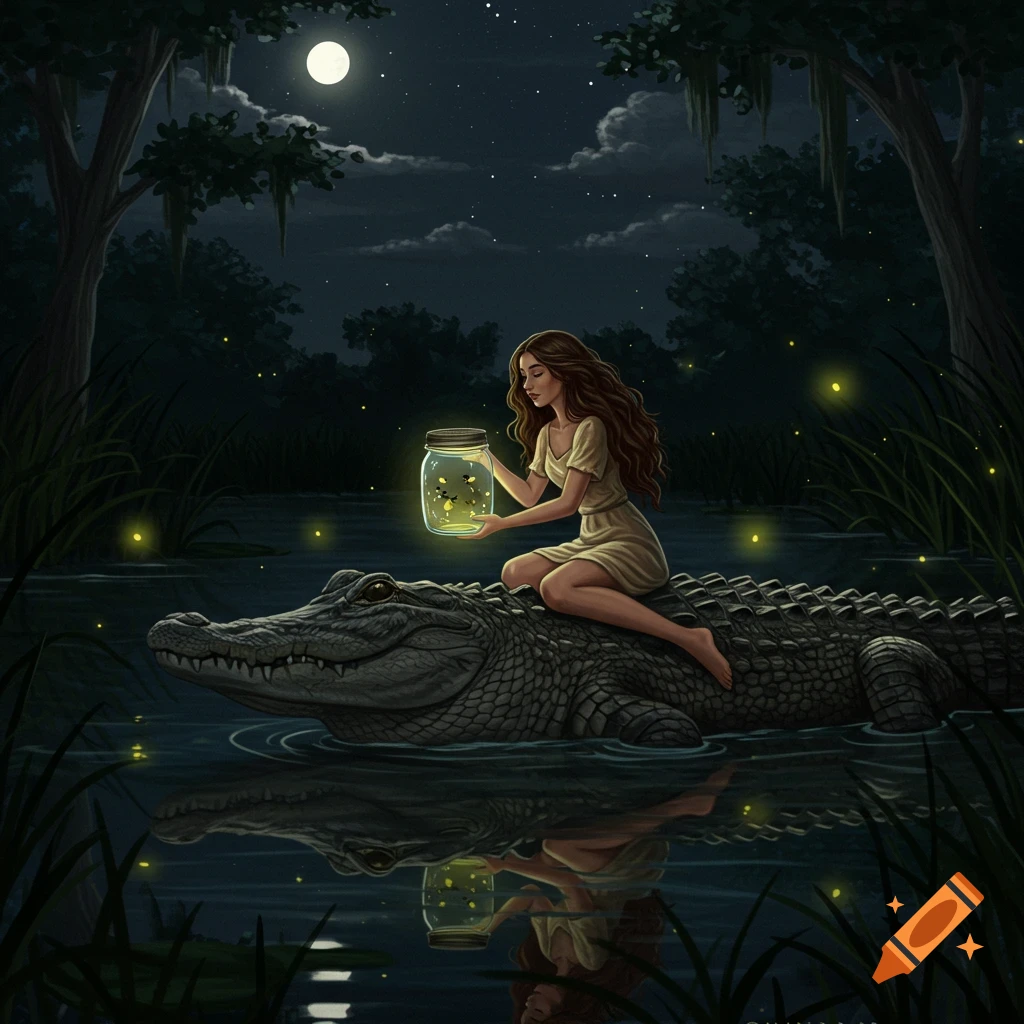 A woman rides an alligator at night in a swamp, holding a jar of ...