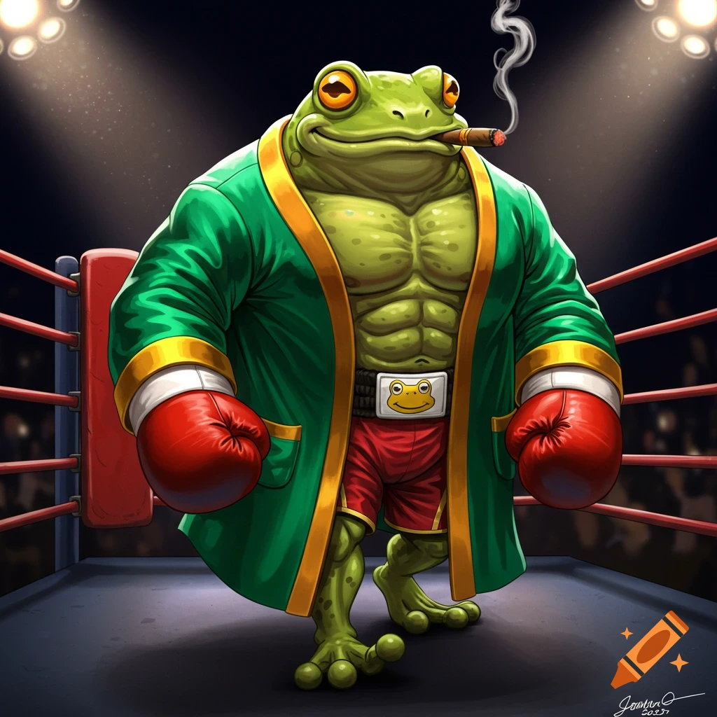Muscular green frog wearing red boxing gloves and shorts stands in a ...