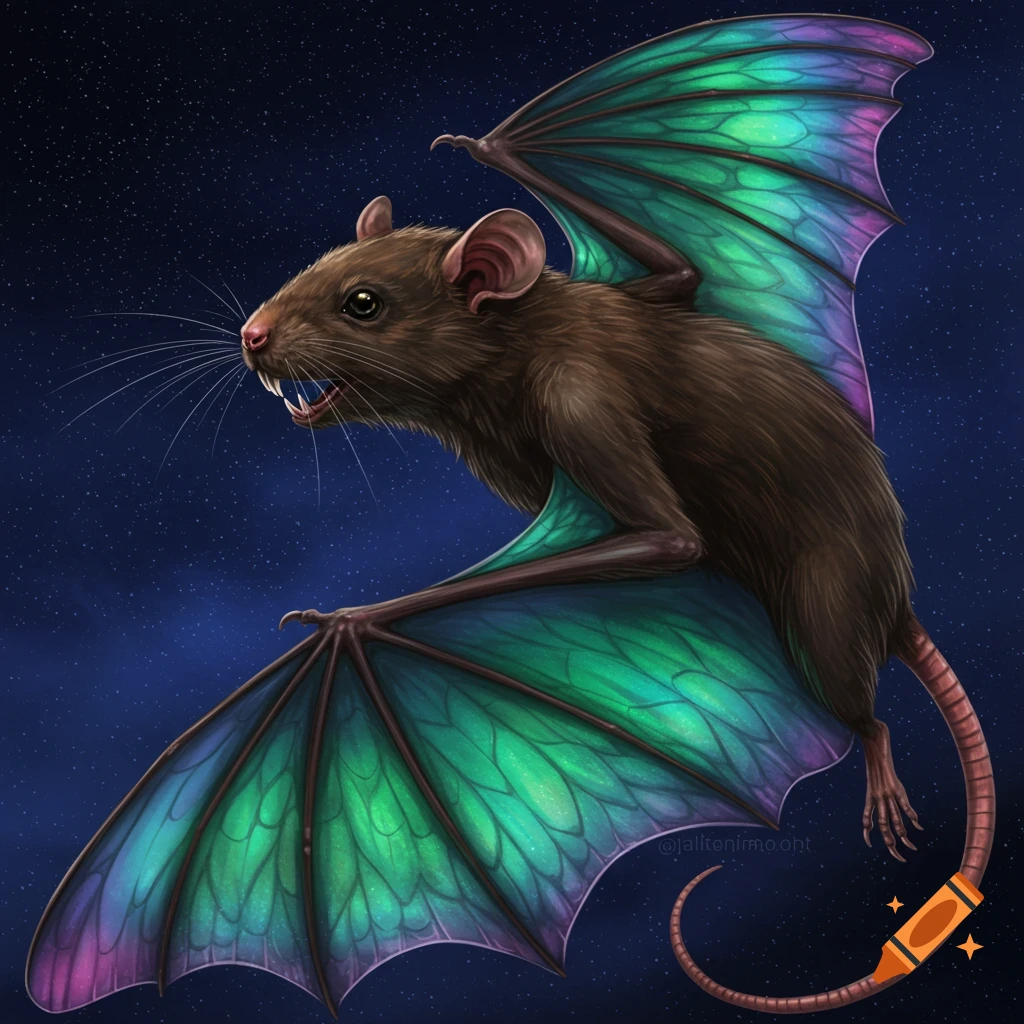 A bat-elephant hybrid flying in a starry night sky above clouds. on Craiyon