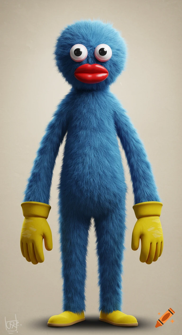 A blue furry creature with red lips, googly eyes, yellow gloves, and ...