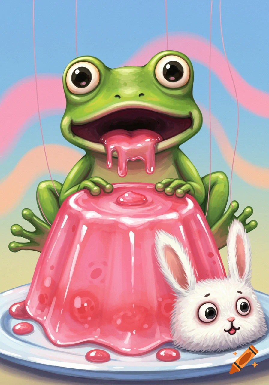 Frog puppet eating pink jelly with a rabbit at dinner on Craiyon