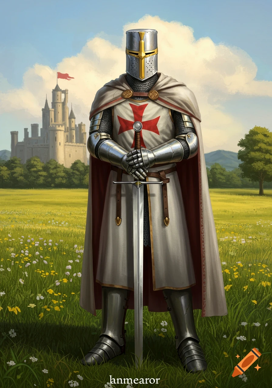 A detailed portrait of a medieval knight in shining armor with a red ...
