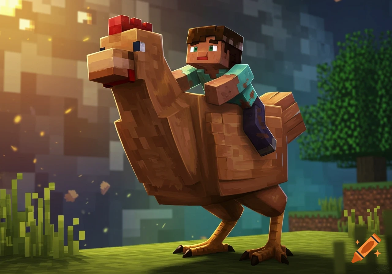 Blocky chicken figure riding a larger chicken figure, both made of ...
