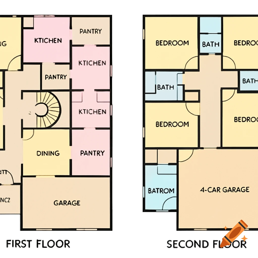 2D floor layout of a two-story mansion with 7 bedrooms, 4 bathrooms, 3 ...