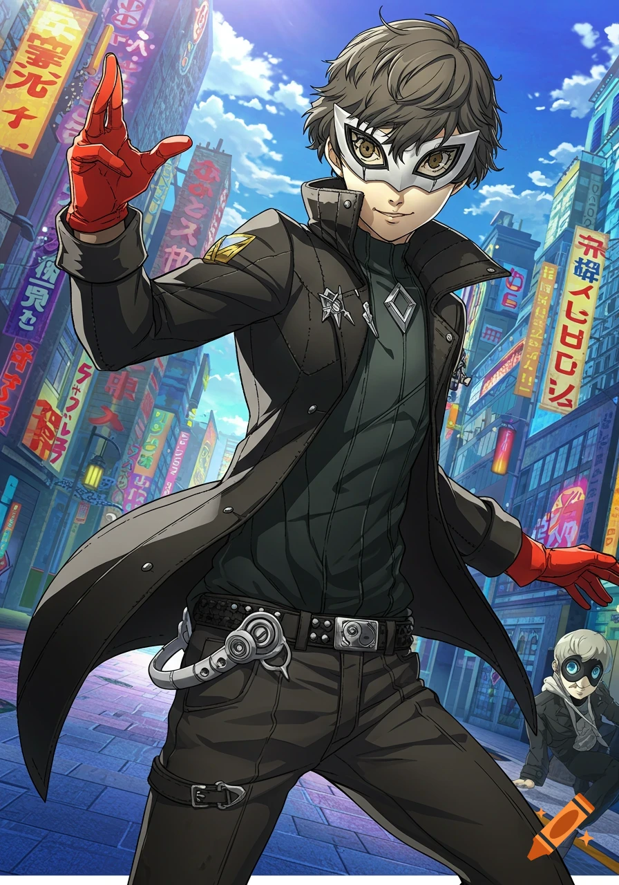 Anime art of Persona 5's Joker posing on a neon-lit city street. on Craiyon