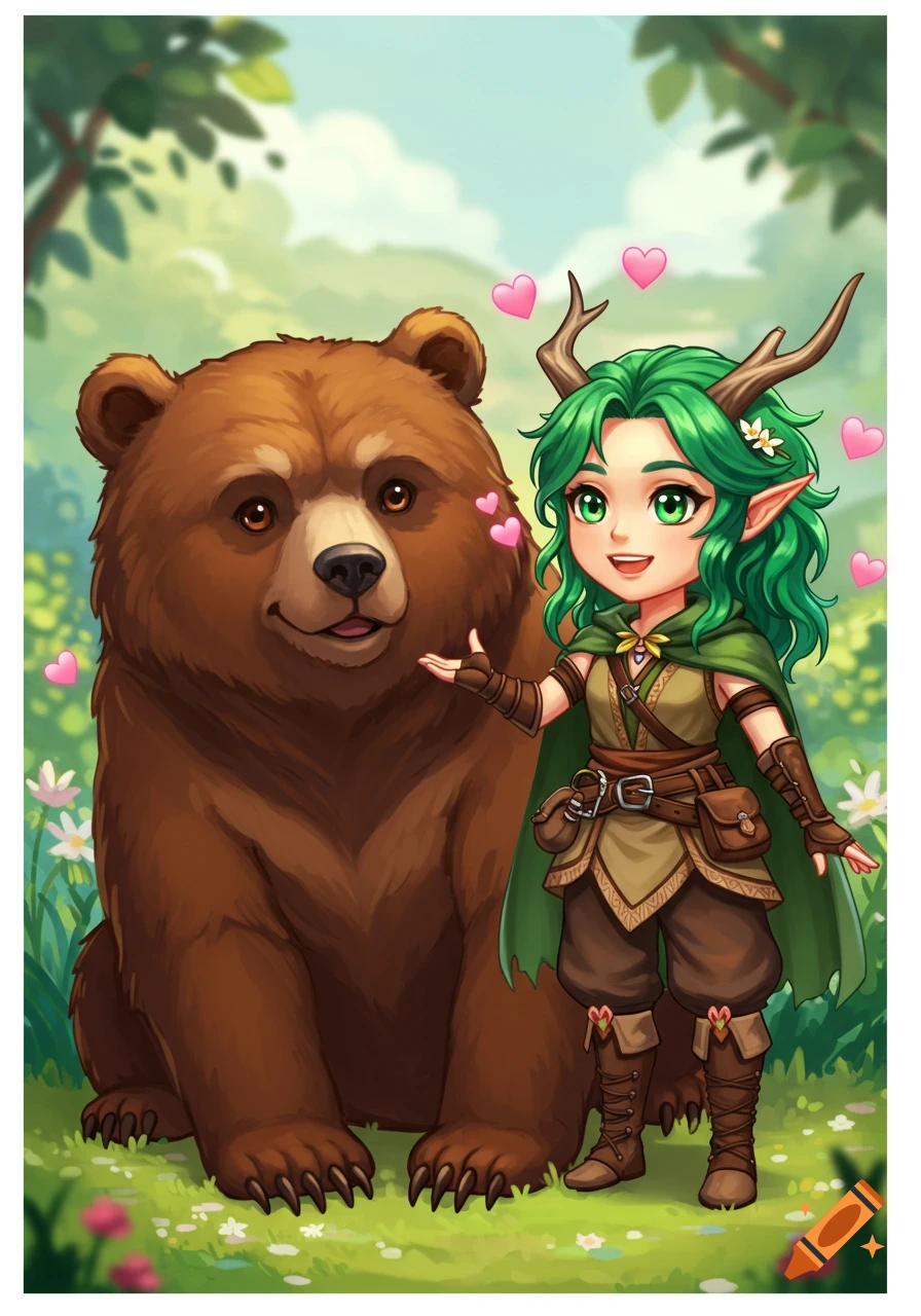 Cute anime druid with antlers stands next to a bear in a forest with ...