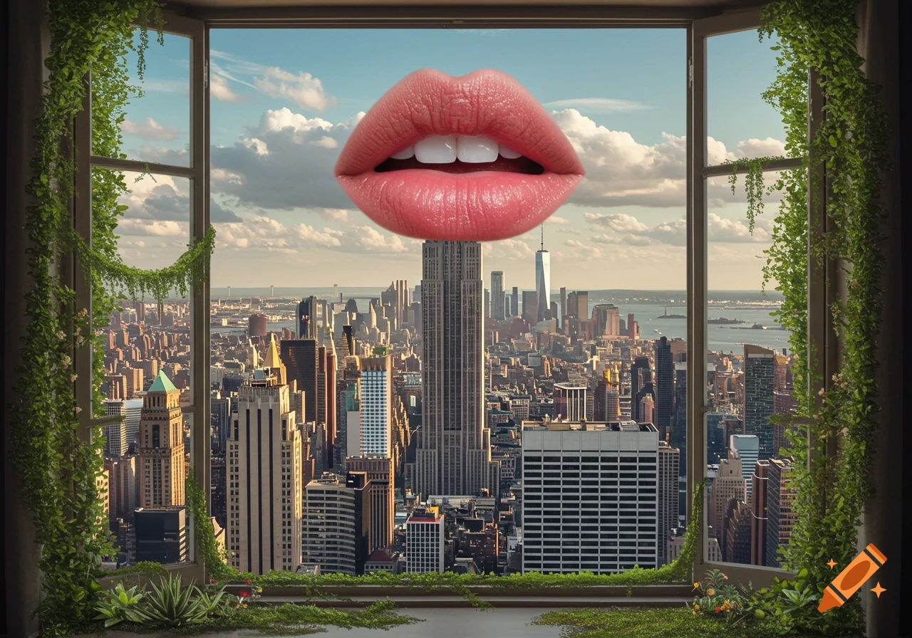 New York City skyline overgrown with vines, giant lips in center on Craiyon