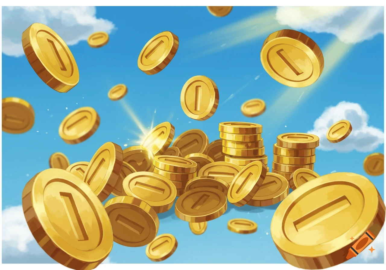 Golden coins float and stack in a blue sky, digital art. on Craiyon