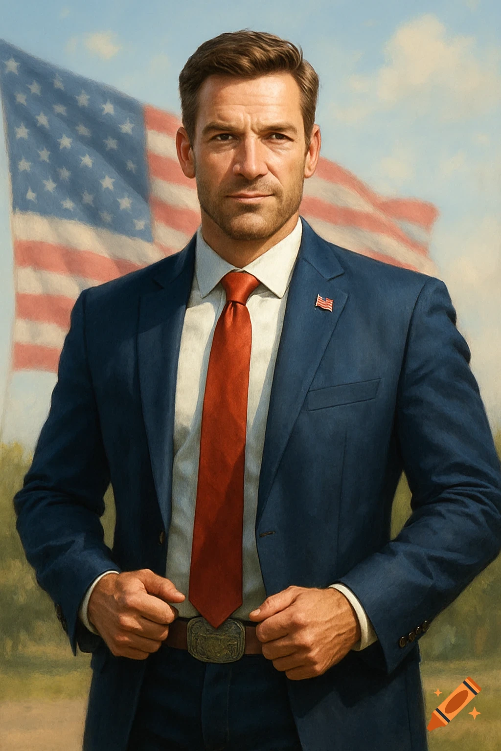 Colton Whitlock, an athletic man in a blue suit and cowboy boots, with ...