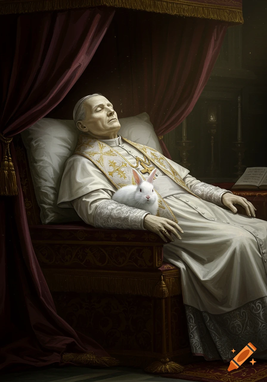 A pope lying in bed with a white rabbit on his arm. on Craiyon