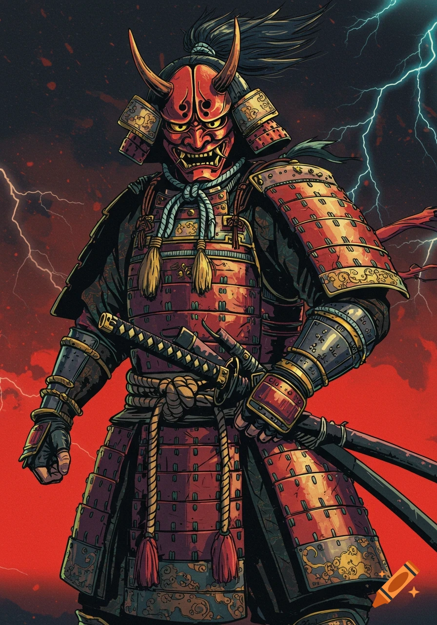 A samurai warrior wearing red armor and a demonic mask against a stormy ...