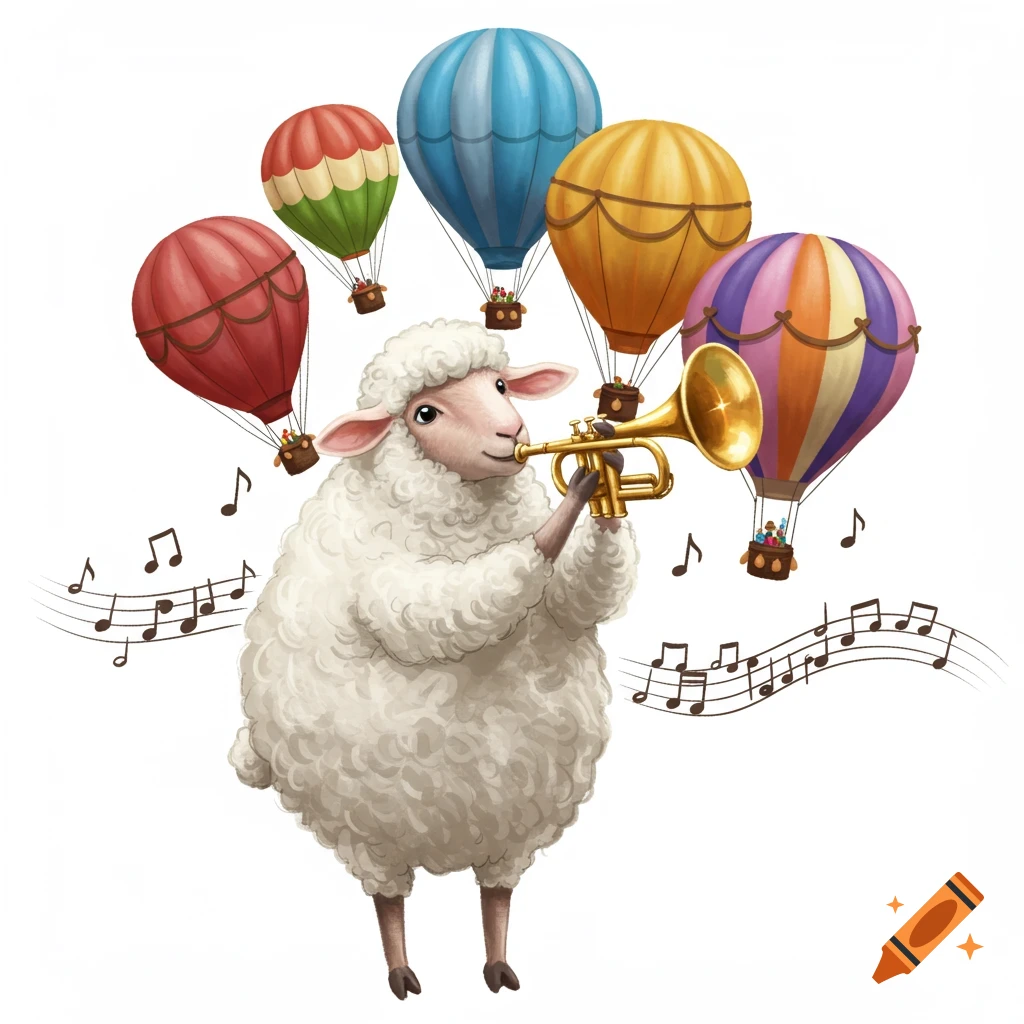 Sheep playing instrument with hot air balloons and musical notes, no ...