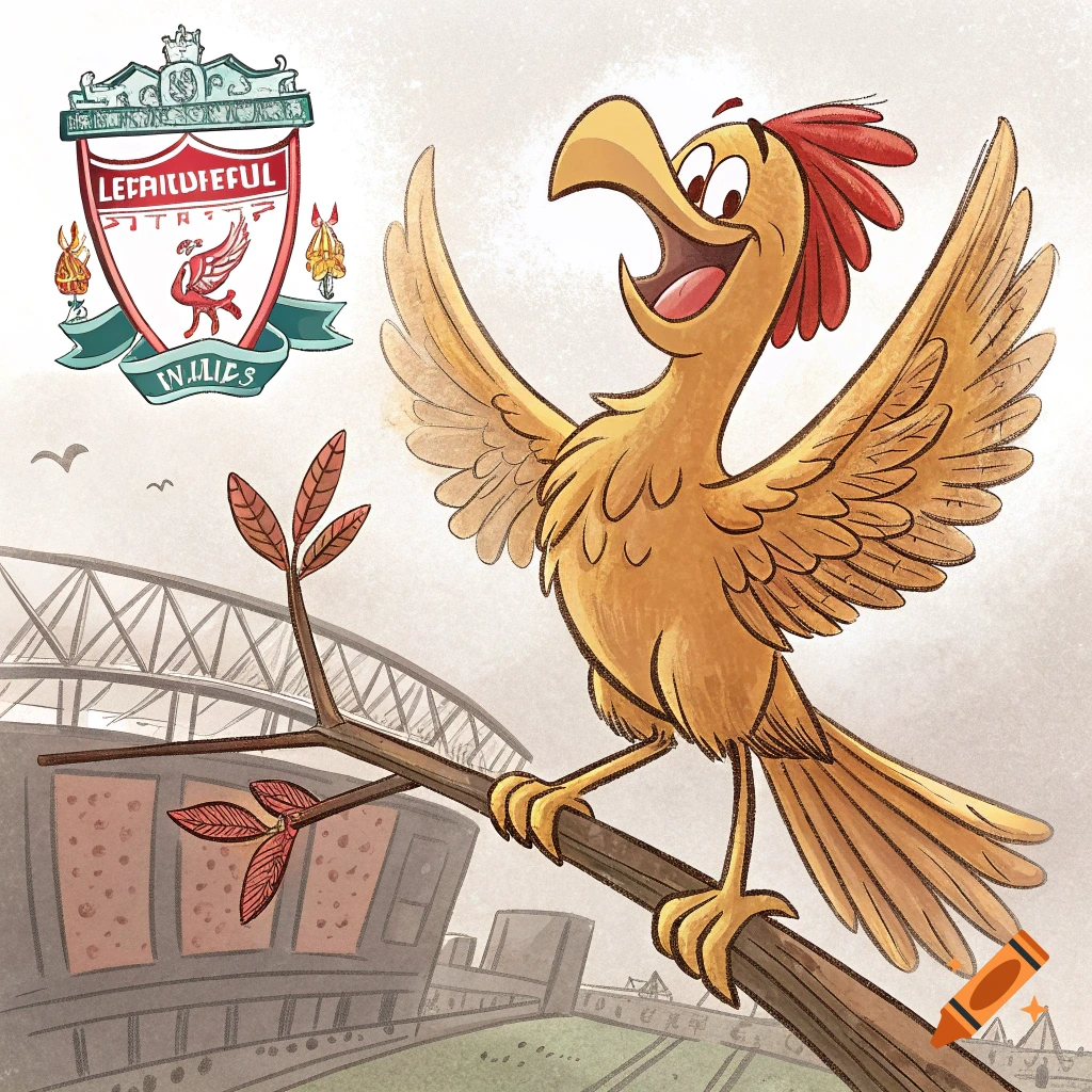 Cartoon of Liver Bird climbing back onto a perch on Craiyon