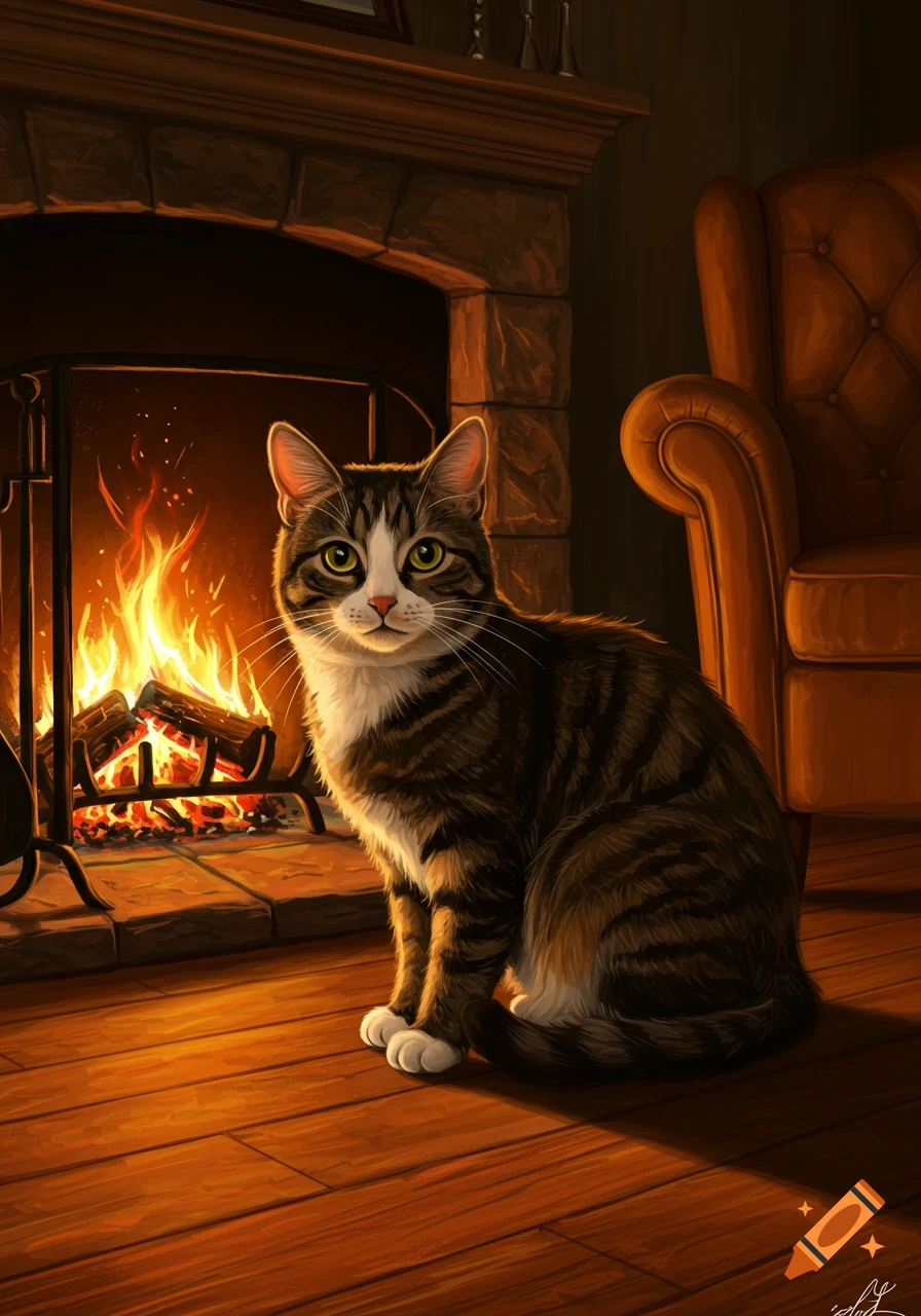 A tabby cat sits by a warm fire in a stone fireplace next to a brown ...