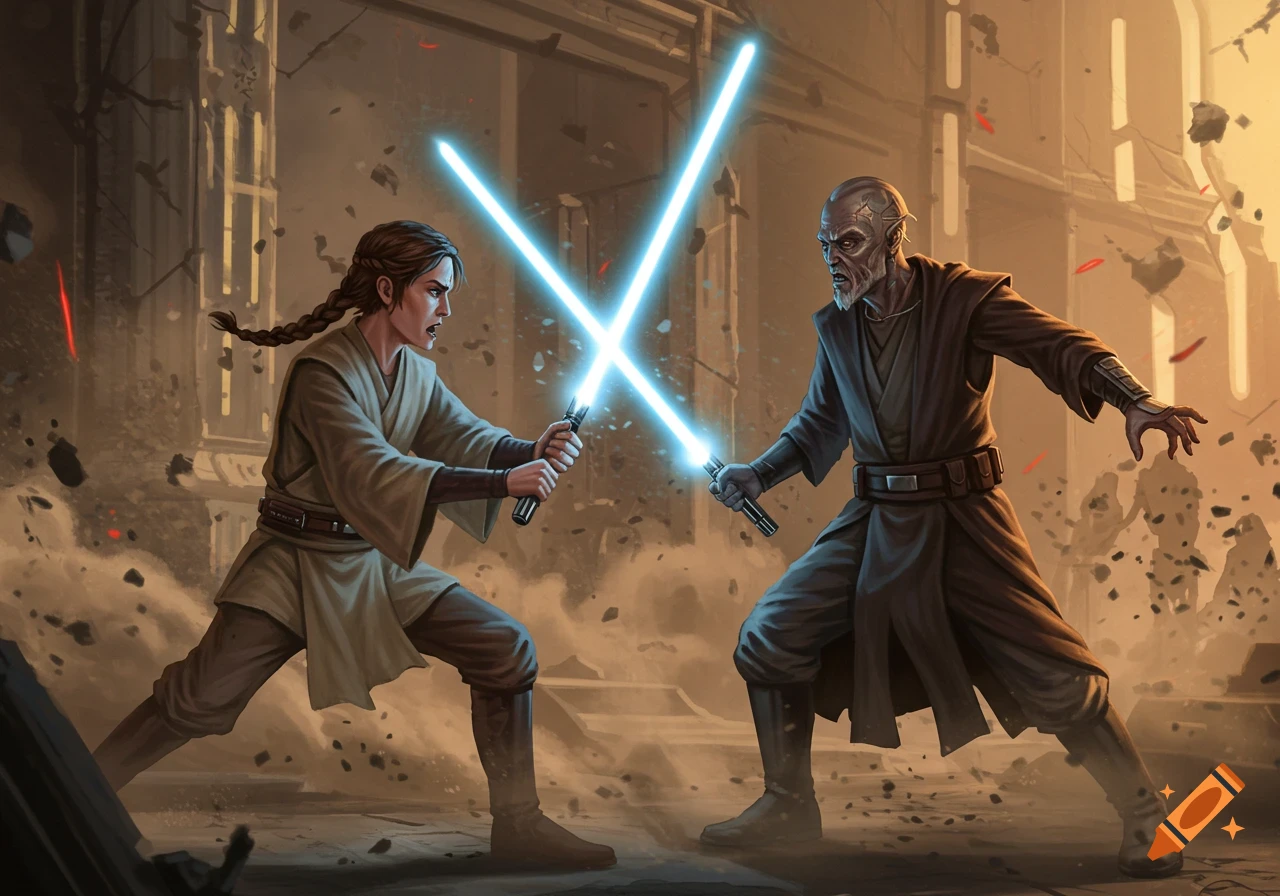 Two women in Jedi robes holding lightsabers in a forest. on Craiyon