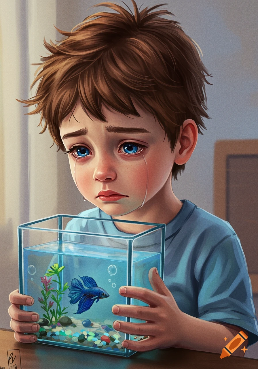 Seven-year-old boy named Jordan with his dead blue beta fish on Craiyon