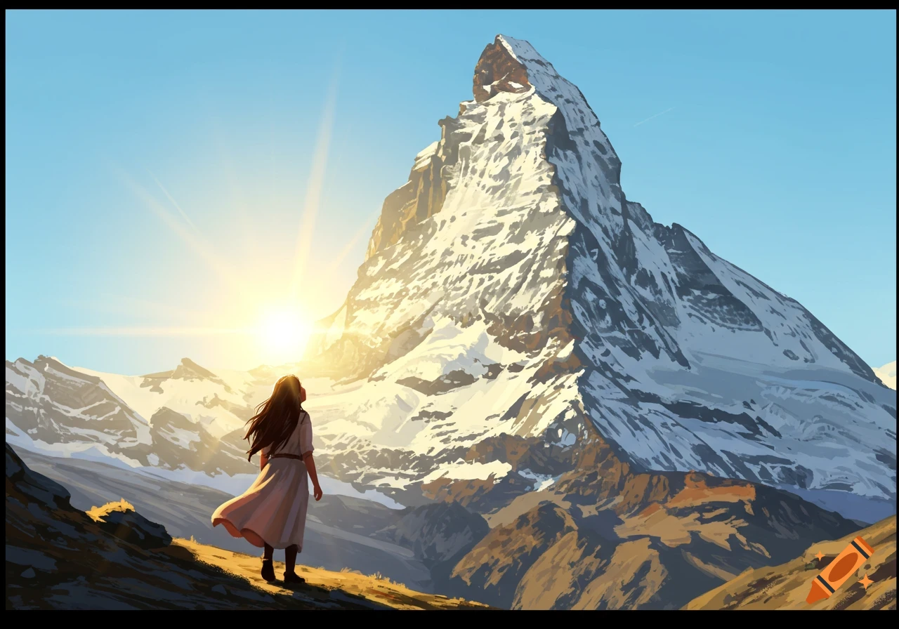 Person staring at snow-covered mountain under the sun on Craiyon