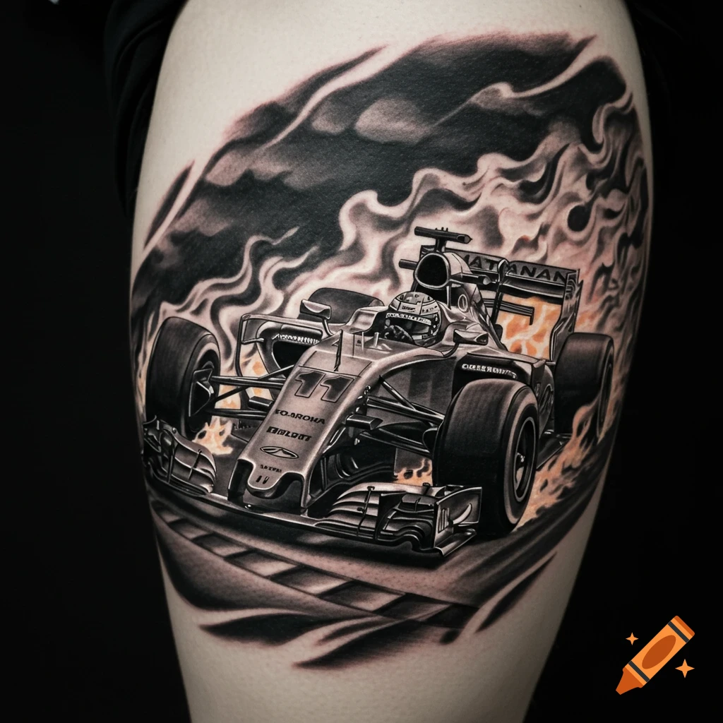 Formula One tattoo in black and grey, speeding on fire on Craiyon