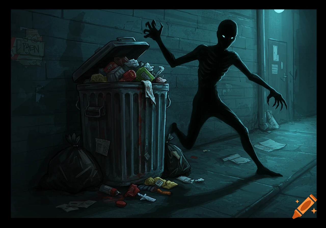 Scary shadow figure popping out of a dirty garbage can on Craiyon