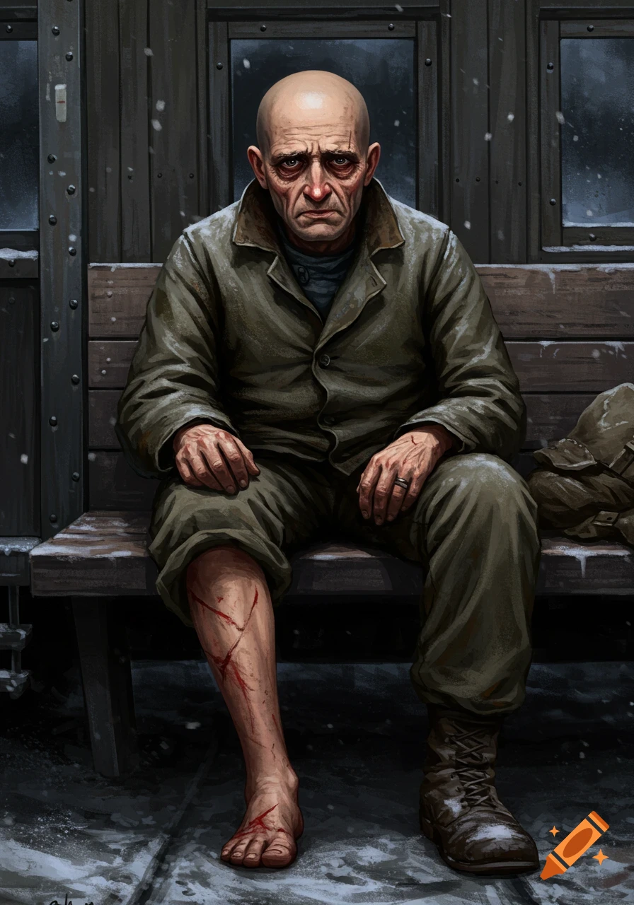 A sad, bald man with a wounded leg sits on a bench in the cold. on Craiyon