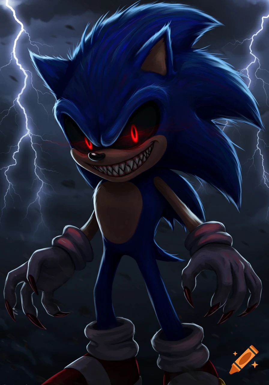 Evil Sonic with sharp teeth and red eyes, surrounded by stormy clouds ...