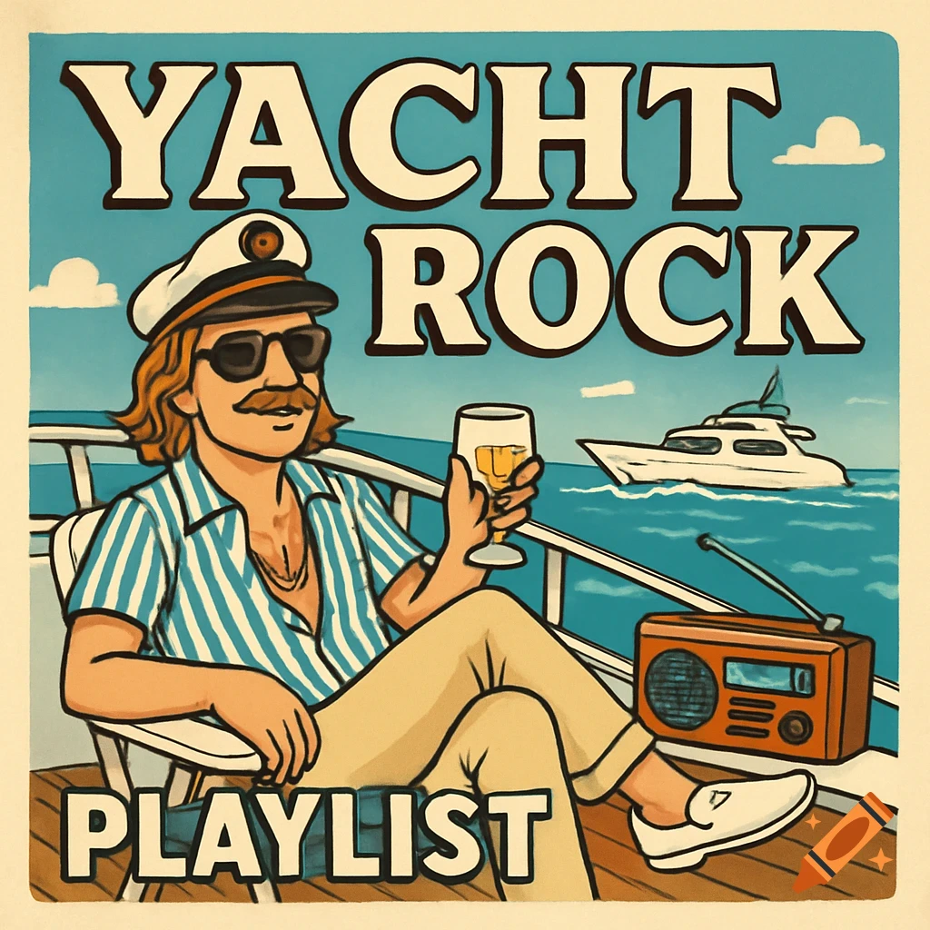 Cartoon art for 'YACHT ROCK PLAYLIST' featuring a man on a boat on Craiyon