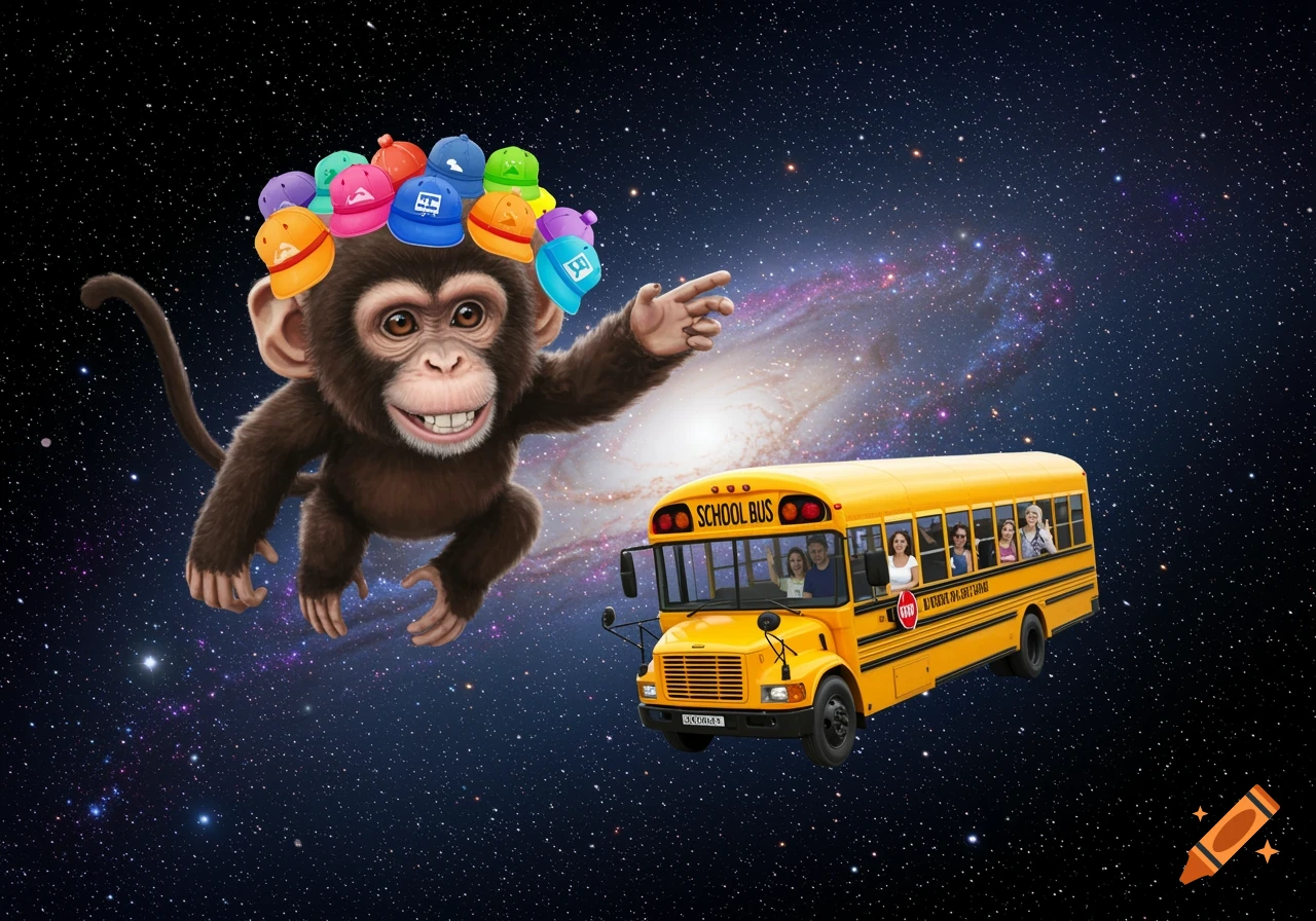 Stinky monkey with 10 hats in outer space with family in a school bus ...