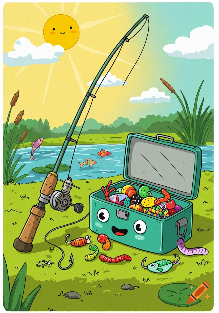 Cartoon fishing scene with rod, smiling tackle box, lures, and fish in ...