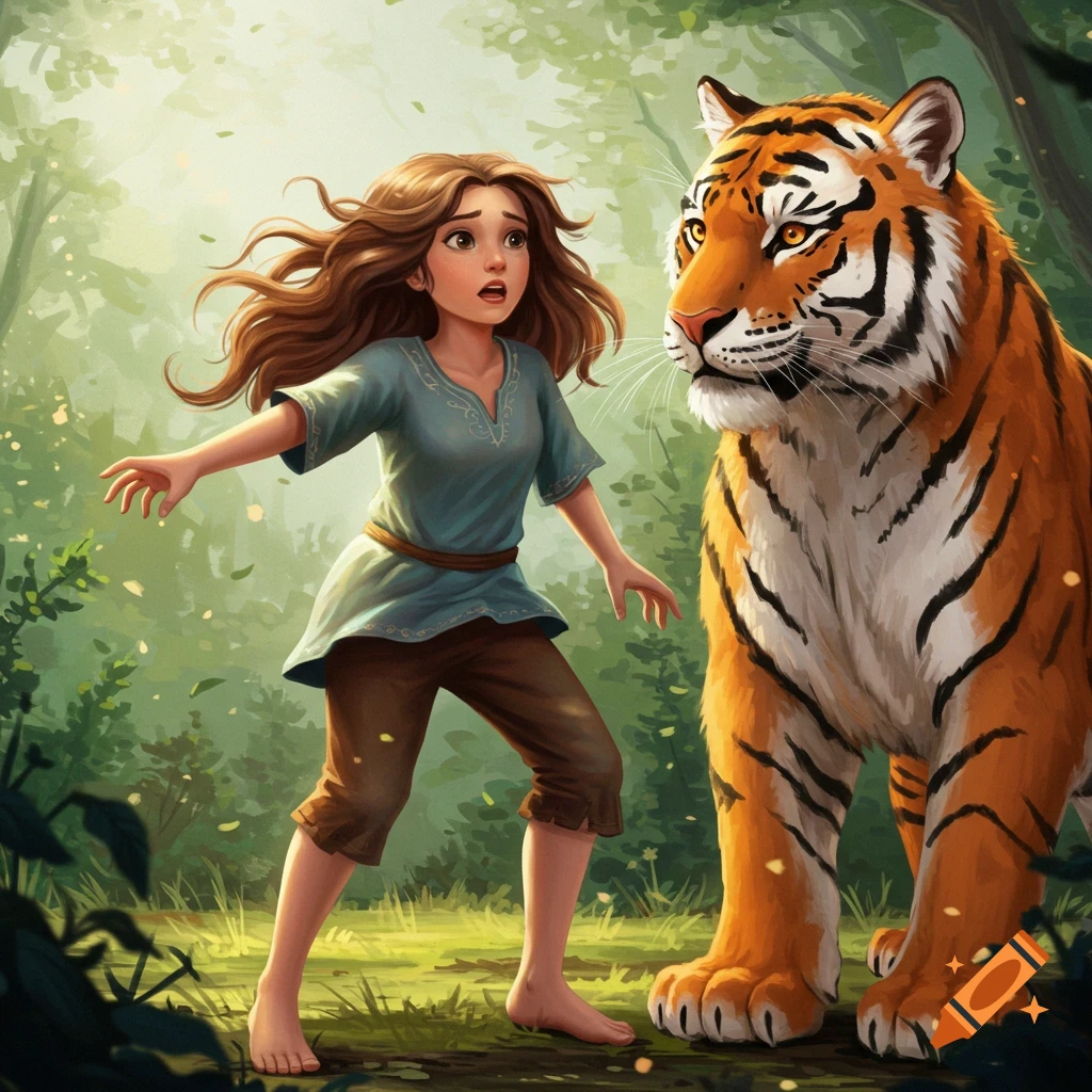 A scared girl faces a large tiger in a forest. on Craiyon