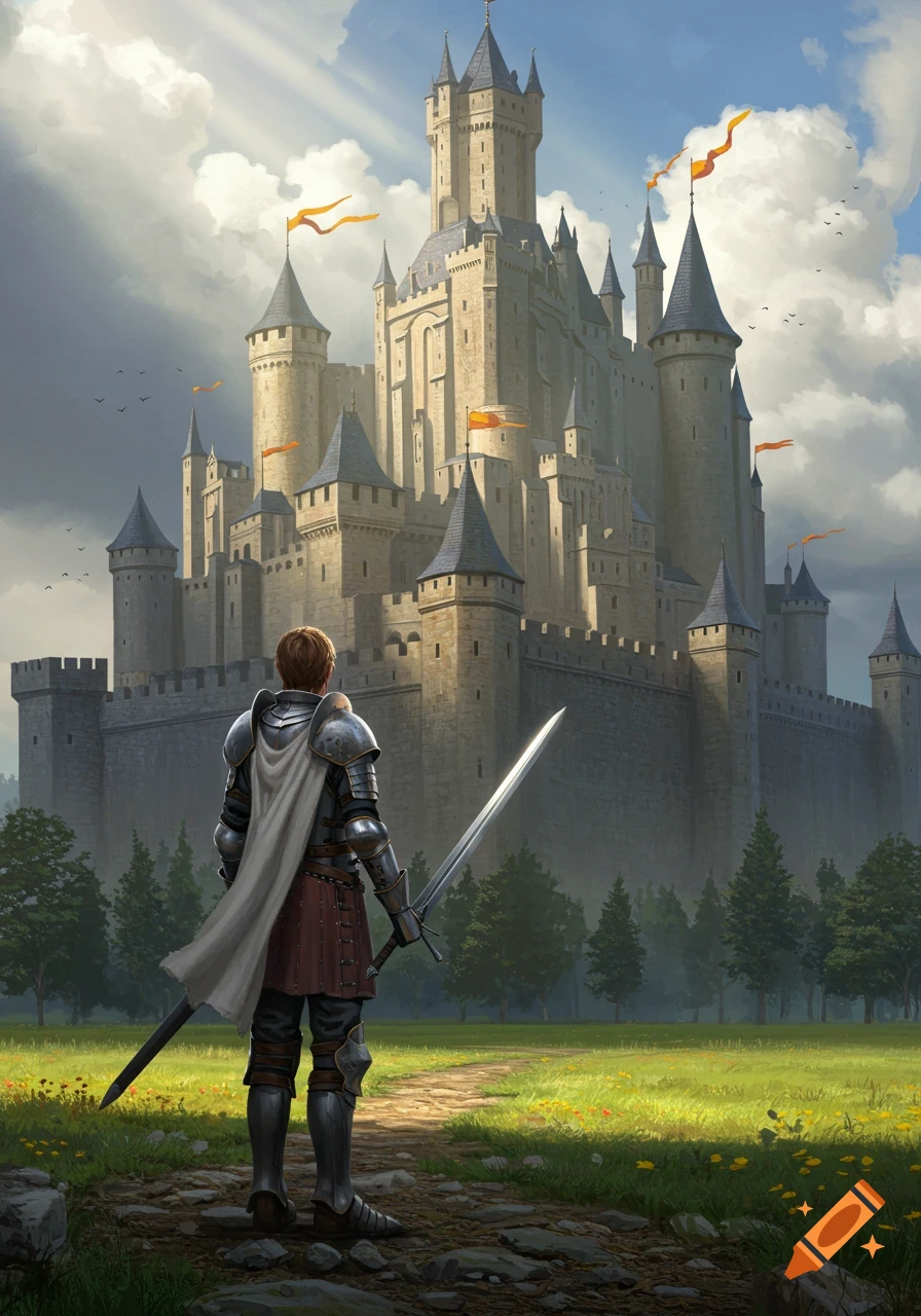 A knight stands on a path looking up at a large fantasy castle under a ...