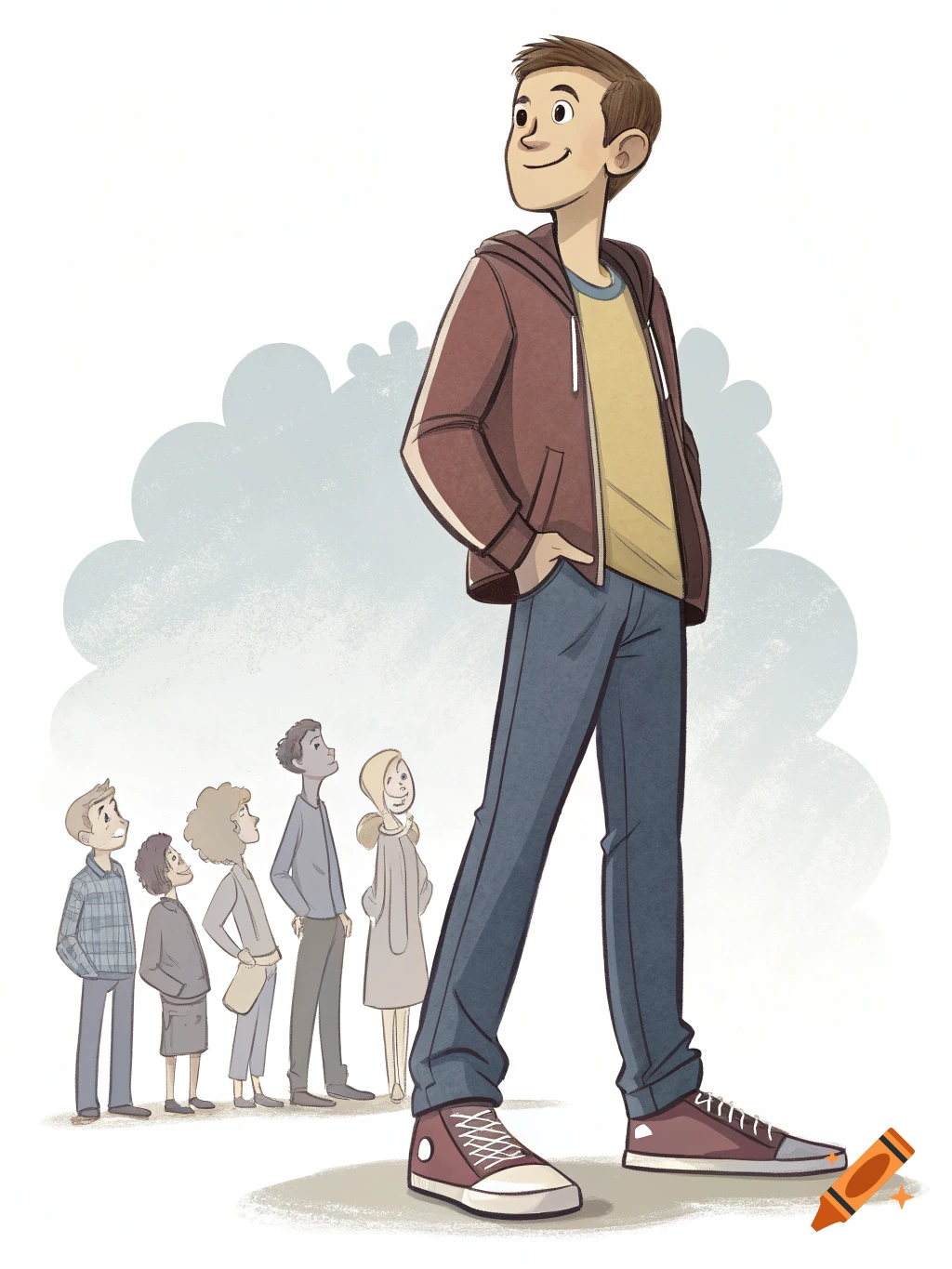 Cartoon illustration of a very tall young man standing confidently with ...