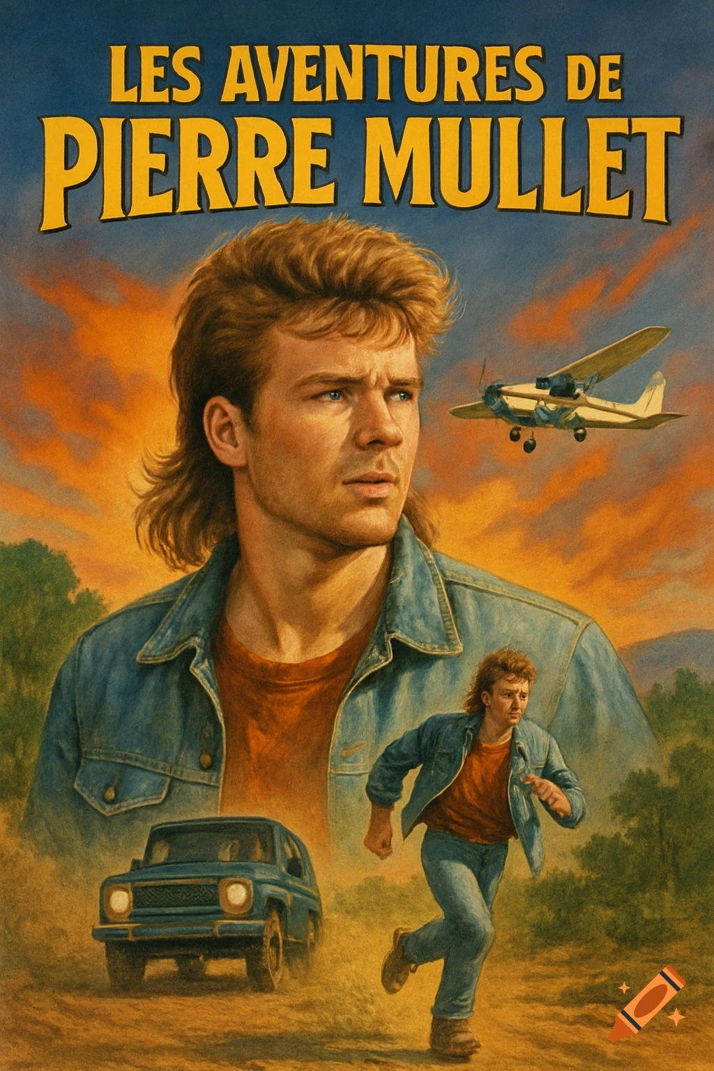 Illustration in movie poster style of a man with a mullet, car, and ...