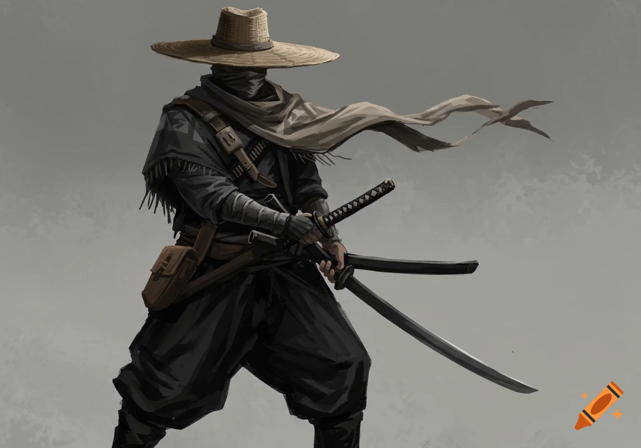 Cowboy samurai in black with poncho and katana on Craiyon