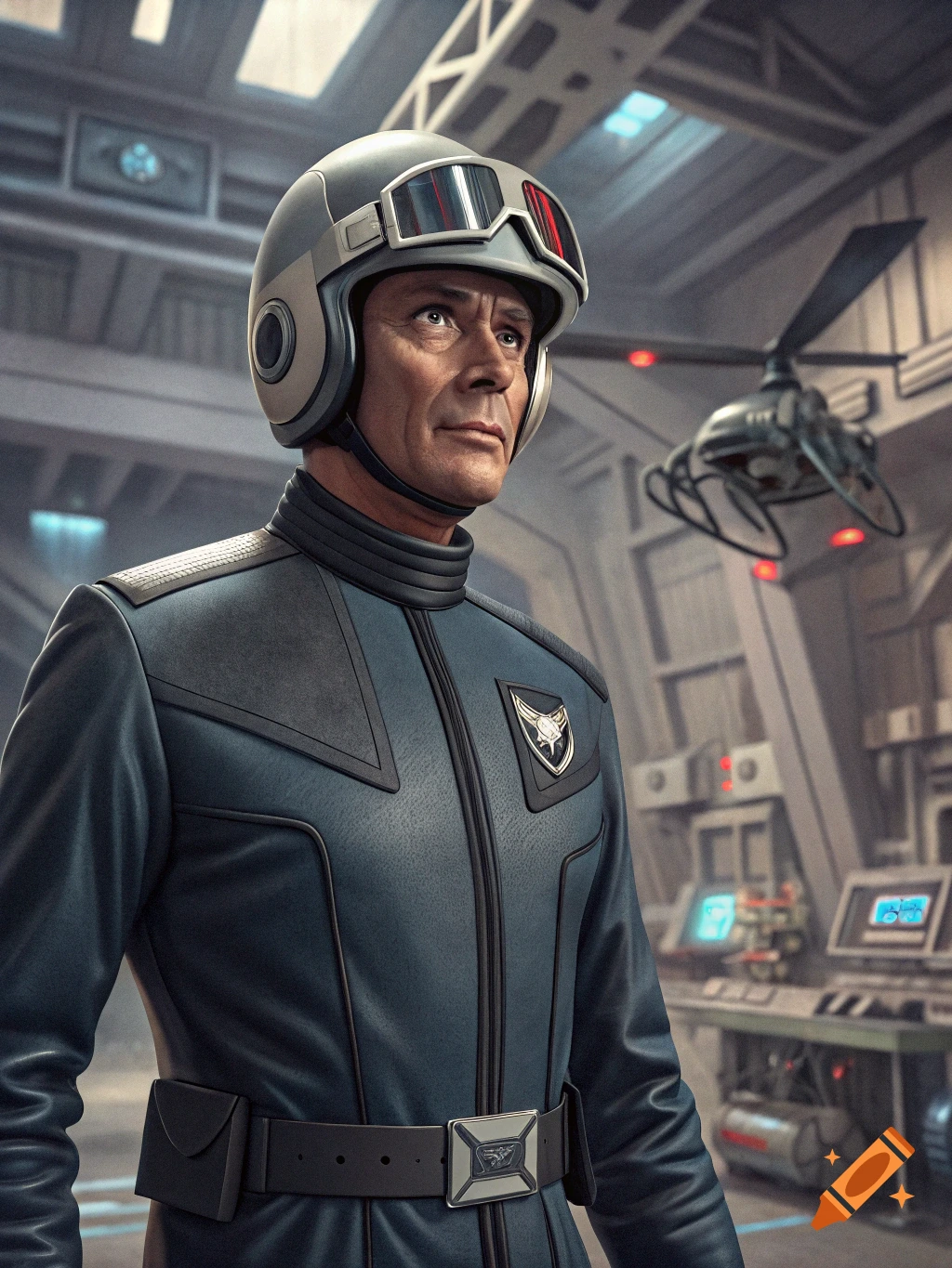 An older man in a futuristic uniform and goggles holds a staff ...