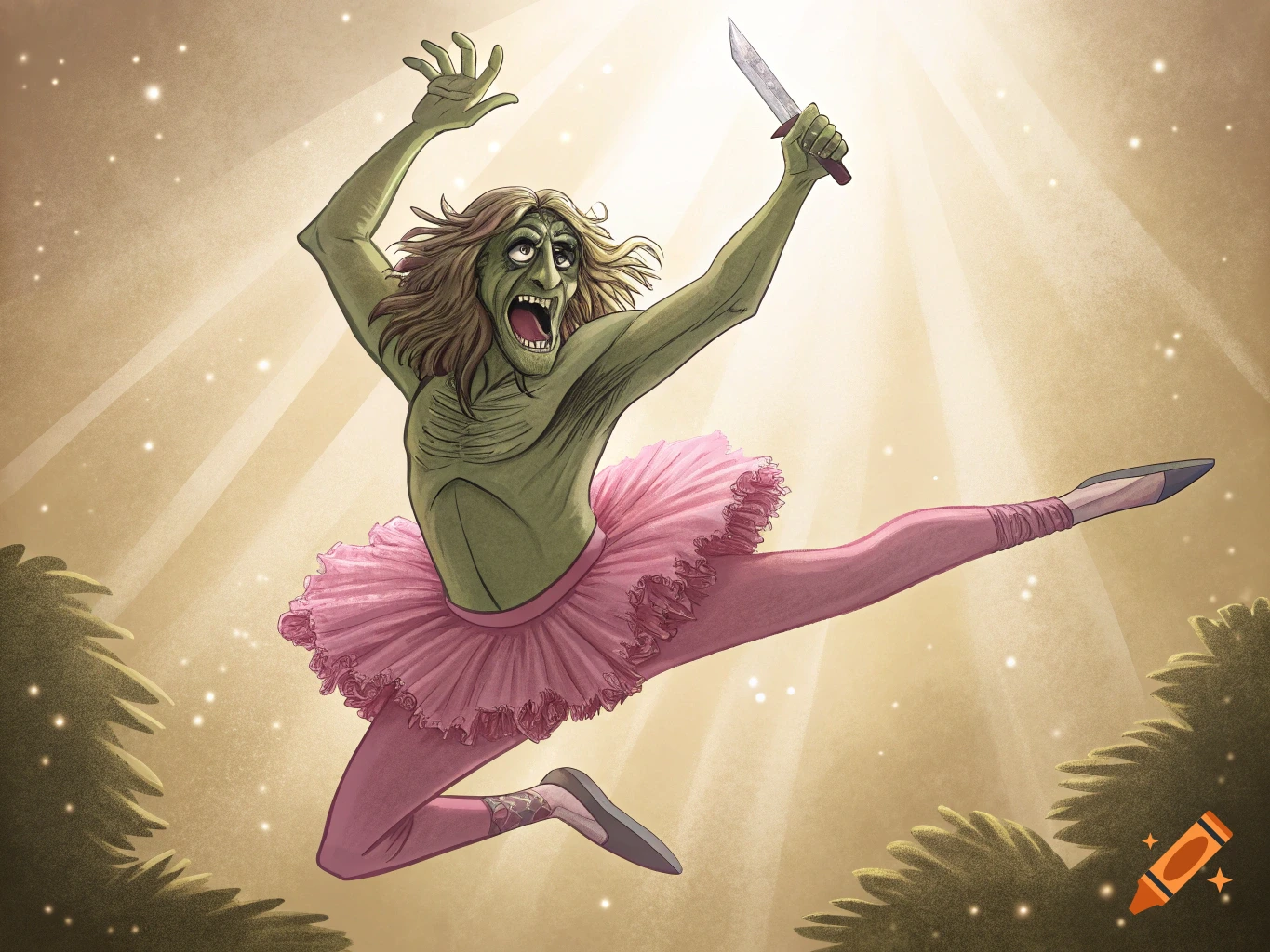 An illustration of a green-skinned monster in a pink tutu leaping in ...